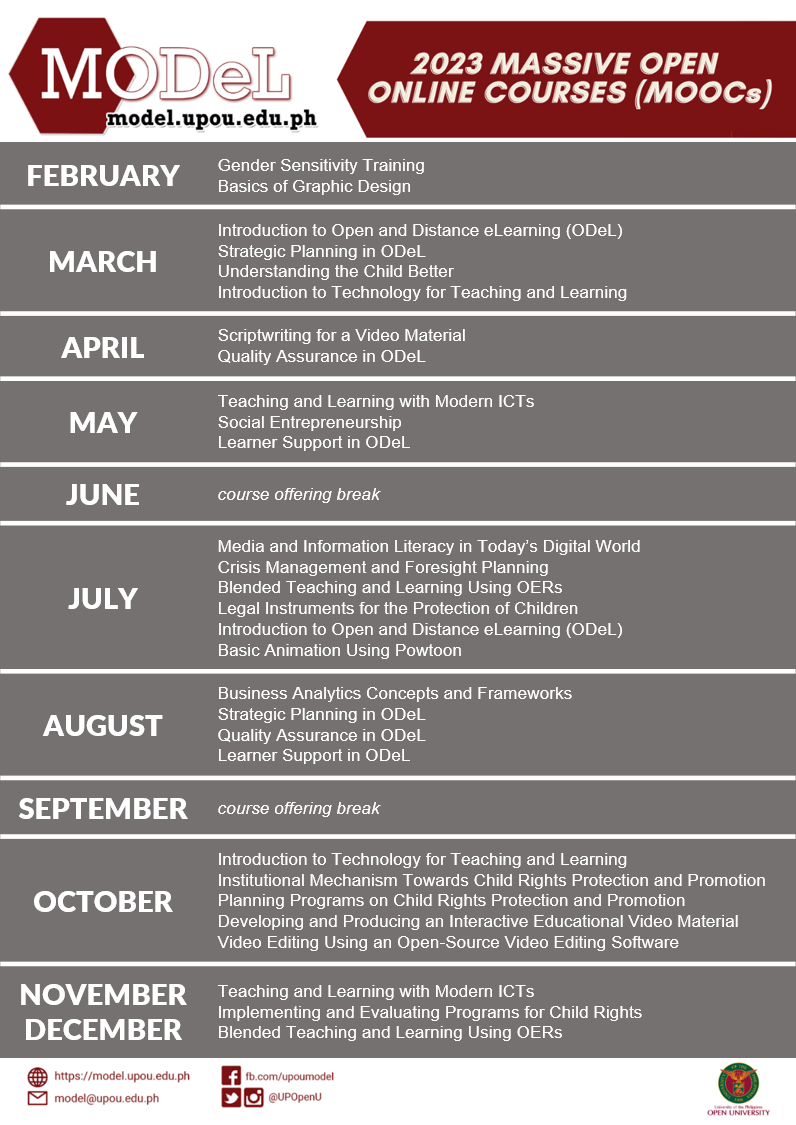 UPOU MODeL: 2023 MOOCs Calendar